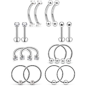 Lcolyoli 8 Pairs Stainless Steel Tragus Earring Clear Diamond CZ Forward Helix Hoop Cartilage Earring Studs Eyebrow Barbell Lip Labret Rings Body Piercing Jewelry Kit for Women Men Silver-tone