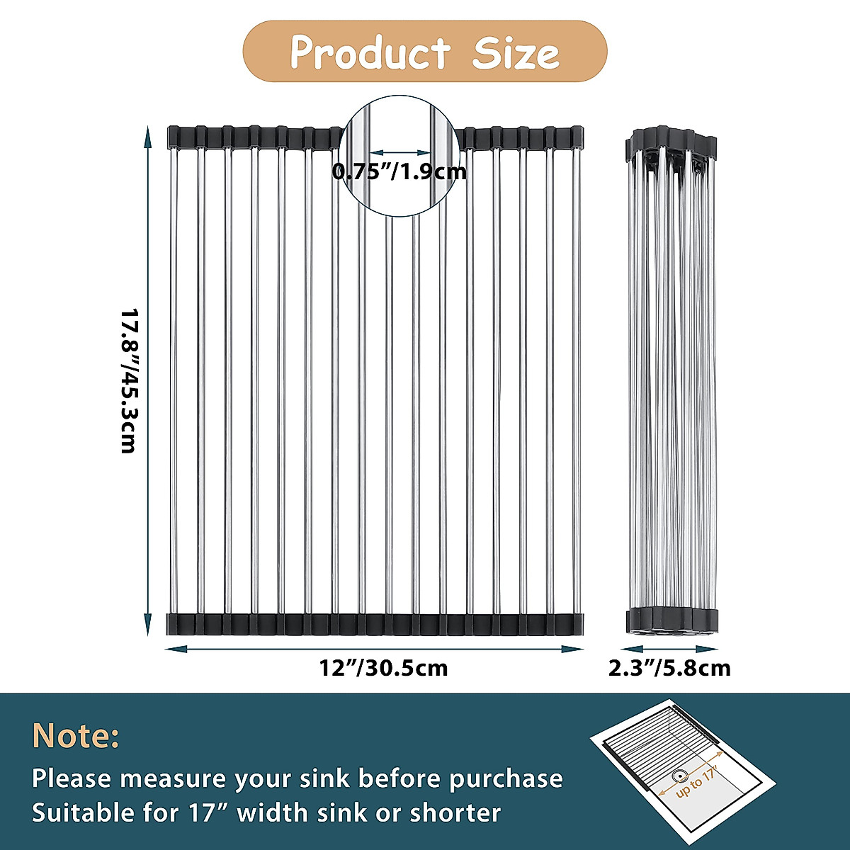 Herogo Roll Up Dish Drying Rack, Versatile Over The Sink Dish Drying Rack for Kitchen Sink, Stainless Steel Kitchen Sink Drying Rack for Kitchen Counter, 17.8” x 12”, Heat-Proof & Slide-Proof