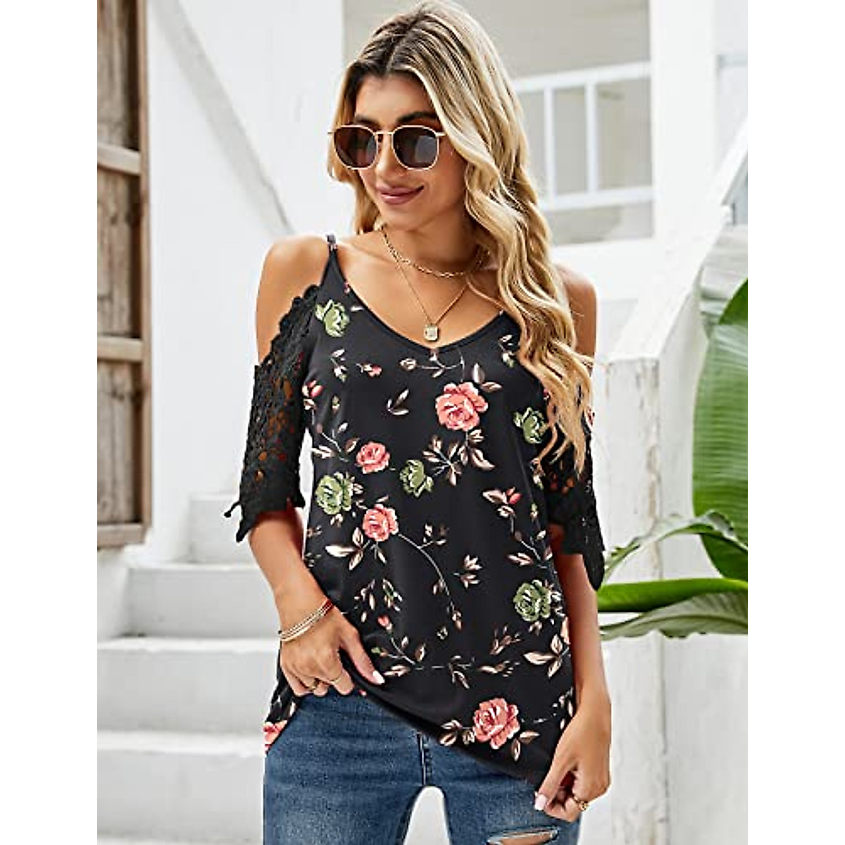 TFSDOD Print Cold Shoulder Tops for Women V Neck Lace Cutout Tunics Shirts Casual Strap Short Sleeve Shirts Black Red Floral XLarge