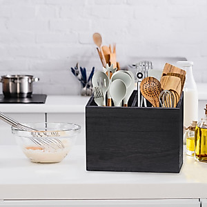 Wooden Kitchen Utensil Caddy With 2 Compartments, Rustic Kitchen Utensil Holder for Kitchen Countertop, Wood Utensil Crock Organizer Box for Farmhouse Kitchen Decor (black)