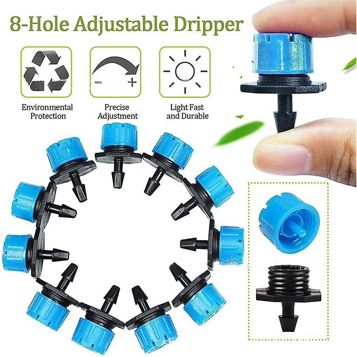 Pressure Compensation Irrigation 360 Degree Eight-Hole Dripper Pressure Drop Drip Irrigation System 1/4 Inch Tube Gardening (Blue)