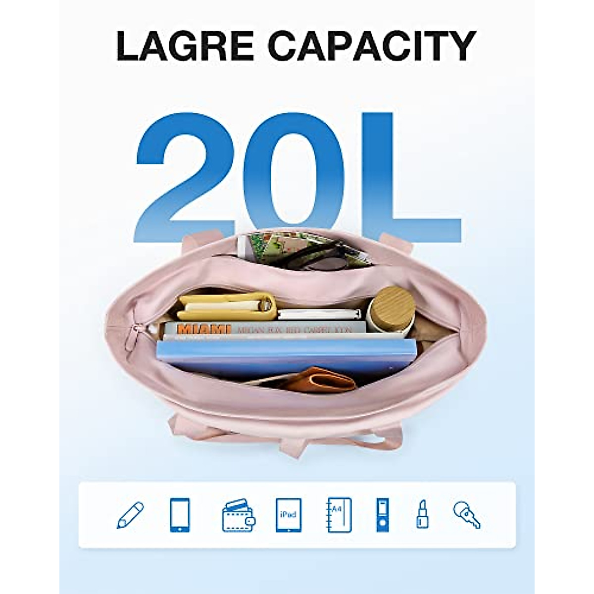 BAGSMART Tote Bag for Women, Foldable Tote Bag With Zipper Large Shoulder Bag Top Handle Handbag for Travel, Work (Pink)