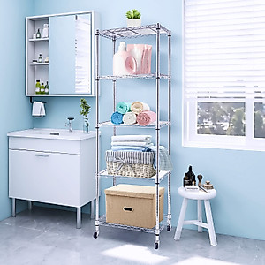 Doredo 5 Tier Narrow Wire Shelving Unit with Wheels, Adjustable Narrow Metal Shelf with NSF Certified, Narrow Storage Shelves for Laundry, Garage, Kitchen, Pantry, 18" D X 24" W X 71" H, Chrome