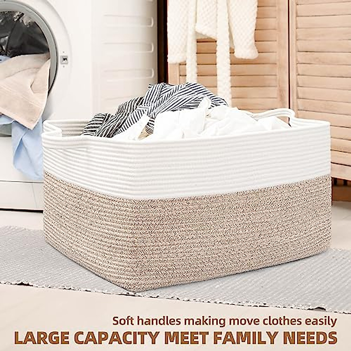 ZLG Extra Large Rectangle Storage Basket 72L Rope Blanket Basket Living Room Pillow Basket Baby Toy Organizer Woven Storage Bin for Kids with Handles Dirty Clothes Storage Hamper, 22 x 17 x 12 inches