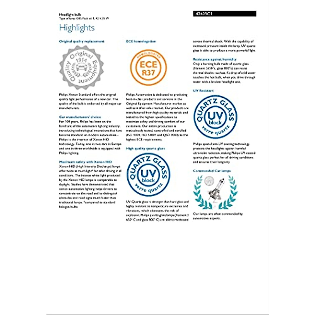 PHILIPS D3S 4300K XenStart OEM Replacement HID XENON Bulb 42403C1 35W DOT GERMANY - Pack of 1 by ALI