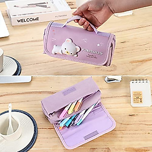 Tergopa Cute Pencil Case Large Pencil Pouch with Handle and Stress Relief Doll for Girls Kids Portable Big Kawaii Pencil Case Organizer for School Purple
