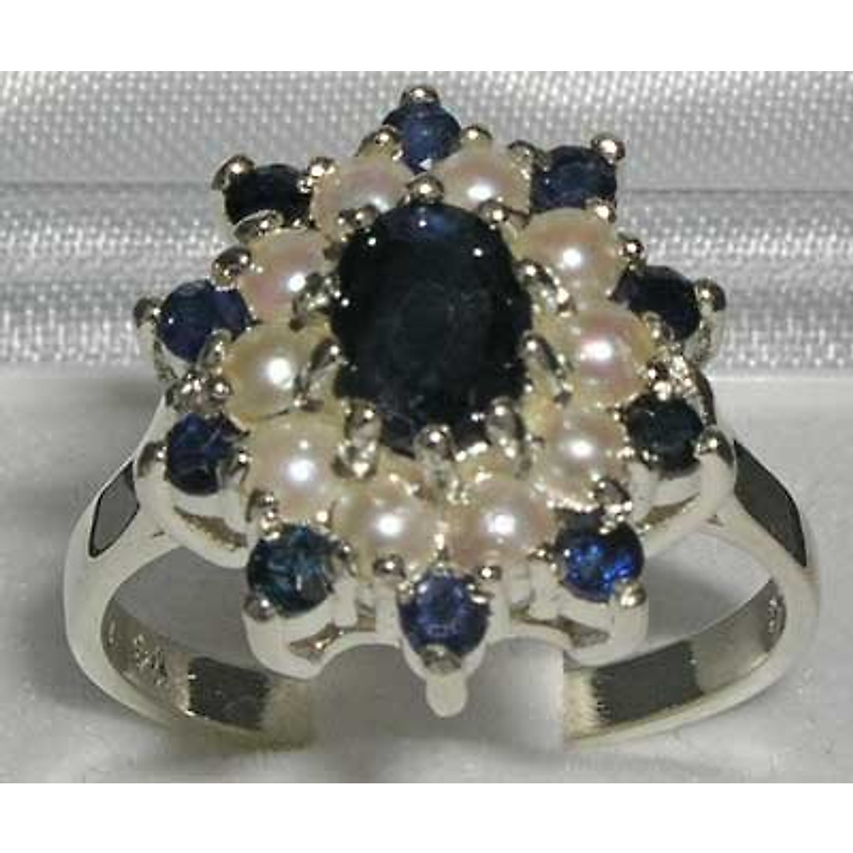 LetsBuyGold 925 Sterling Silver Real Genuine Sapphire and Cultured Pearl Womens Band Ring - Size 7