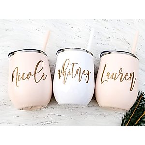 Personalized Stemless Wine Cup Tumbler Stainless Steel, Girls Trip Gift, Wedding Party Gifts, Bridesmaid Gift, Travel Wine Cup with Lid, Bachelorette Cups, Personalized Wine Glasses, Vinyl Decal