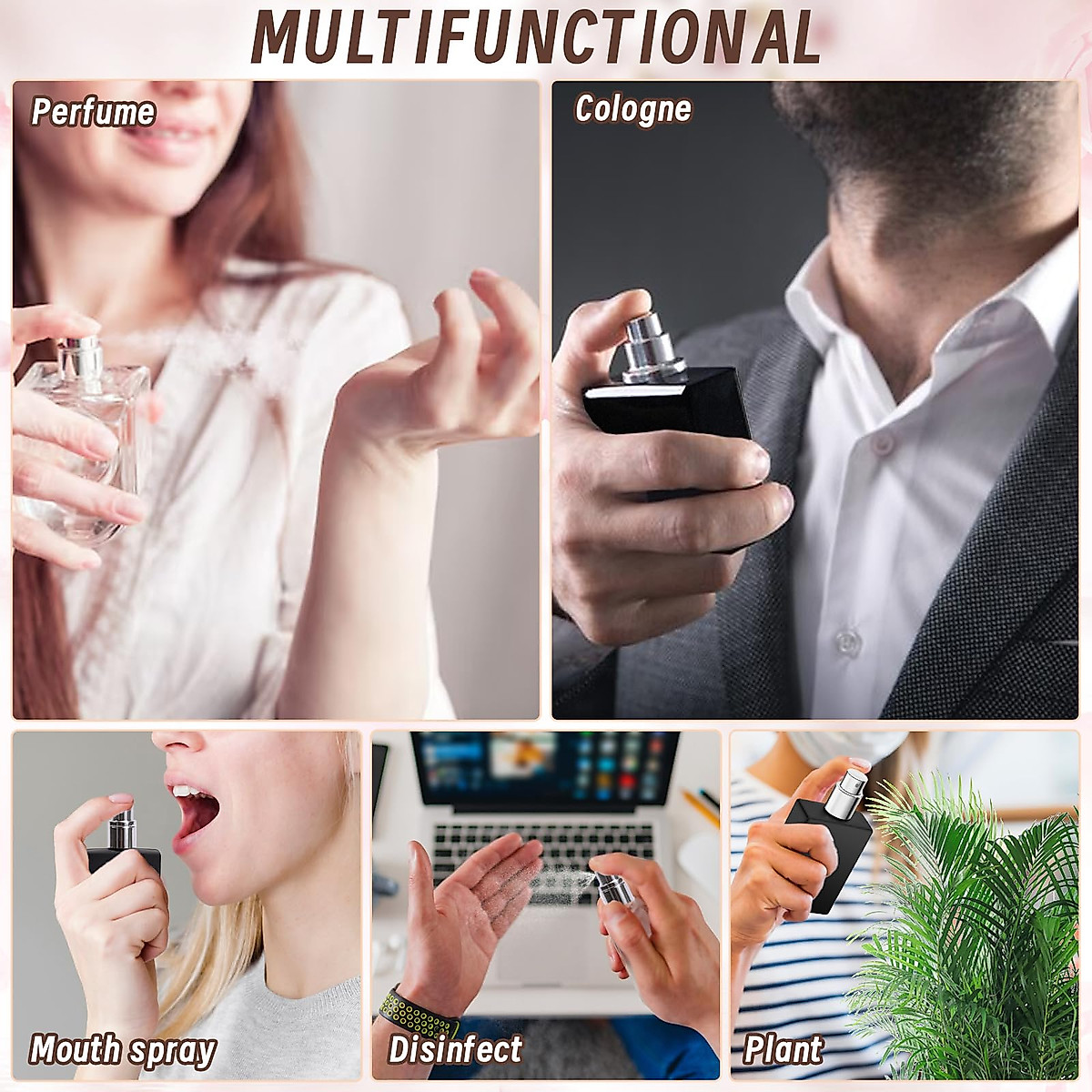 Luxsego Perfume Bottle Atomizers with Funnels, 30 ML Refillable Perfume Spray, Empty Spray Bottle Glass Cologne Atomizers for Travel, Handbag or Date, Storage Bag Included (Transparent+Black)