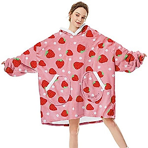 Zando Oversized Wearable Blanlet Hoodie Blankets Winter Blacnket Comfy Original Blanket Sweatshirt for Women Cozy Sherpa Blanket Pocket Blanket Christmas Gifts Strawberry Adult