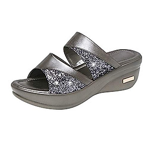 Beach Sandals Toe Shoes Women's Casual Solid Peep Summer Sandals Wedge Platform Fashion Ladies Women's Sandals (Silver, 8)
