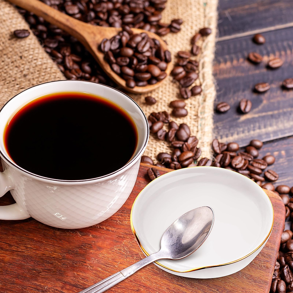 2 Pieces Gold Trim Ceramic Spoon Rest for kitchen,4 Inches Spoon Holder for Stove Top Spatula Holder, Coffee Spoon Rest Cradle, Kitchen Utensils Accessories (White)