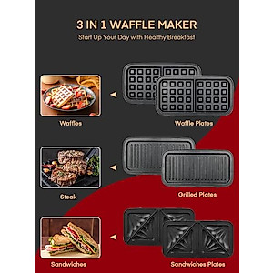 3-in-1 Sandwich Maker, 1200W Grill, Waffle and Sandwich Maker, 5 Speed Temperature Control, 3 Non-Stick and Removable Plates, Cold Touch Handle, LED Light Indicators, BPA Free, Red