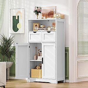 Iwell Storage Cabinet, Bathroom Cabinet with 2 Drawers & Adjustable Shelves, Bathroom Storage Cabinet with Doors for Living Room, Kitchen, Home Office, White