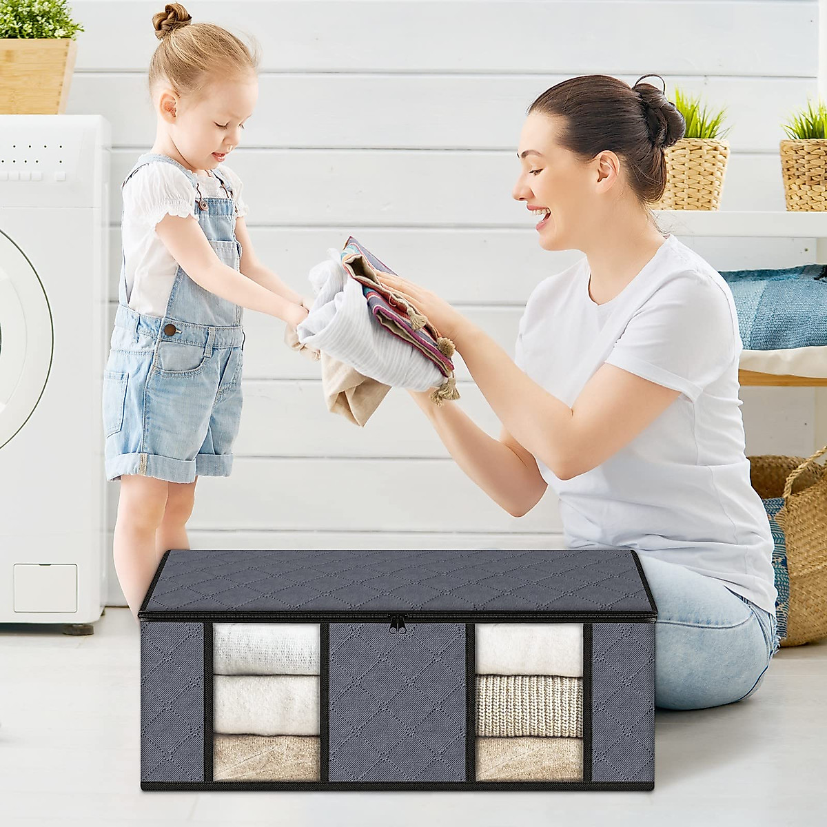 HomeHacks Storage Clothing Storage Bags, Storage Box Clothes Organizer with Clear Windows, Sturdy Handles Clothing Storage for Cloth, Toy, Bedding Storage, 6-Pack, Grey