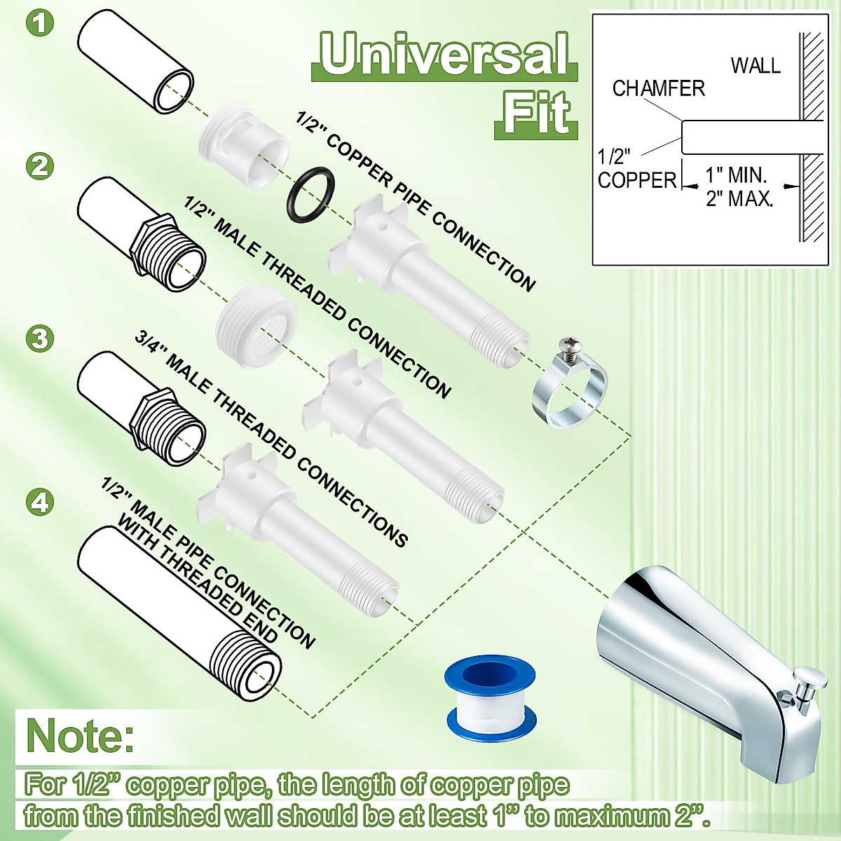 Enhon Tub Spout with Diverter, Universal Fits 1/2'' Copper Pipe, 1/2'' IPS and 3/4'' IPS, Bathroom Bathtub Tub Faucet Replacement with Adapters (Chrome)