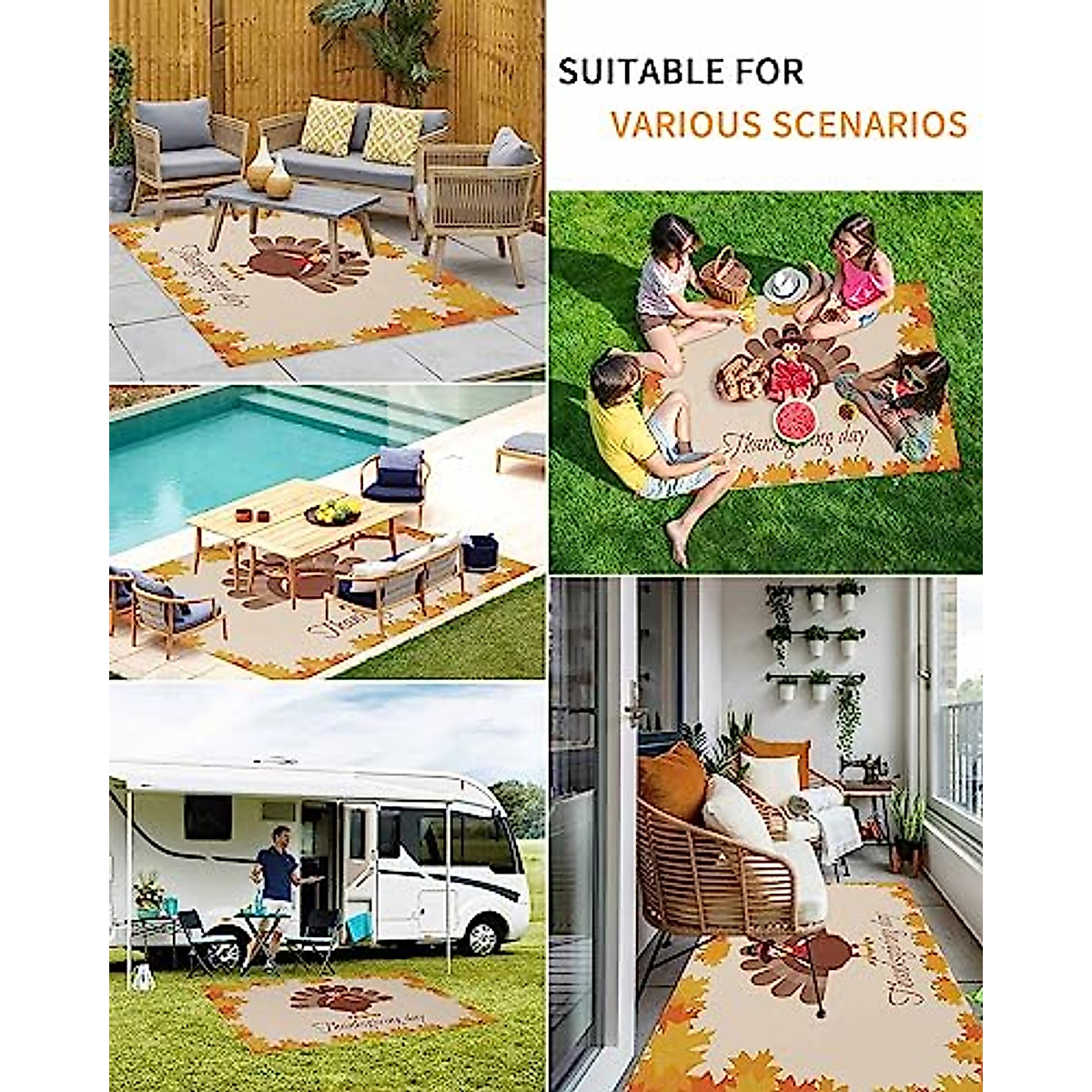 Outdoor Area Rug for Patio,Thanksgiving Day Turkey Fall Maple Camping Rugs Indoor Large Floor Mat 4x6ft,Autumn Orange Pumpkin Fallen Leaves Outside Carpet for Deck RV Picnic Porch Backyard Bedroom