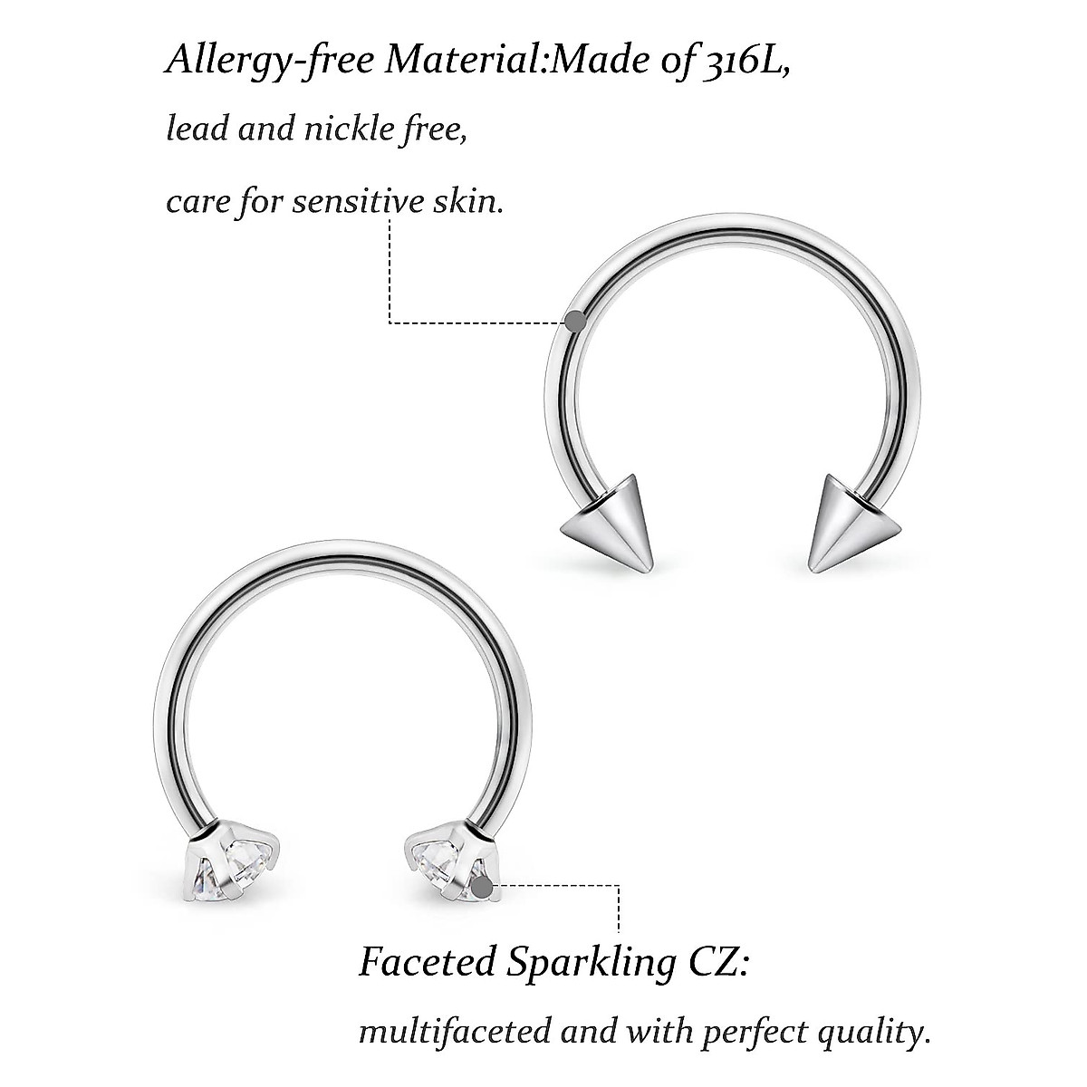 Vsnnsns 16G Surgical Steel Horseshoe Nose Septum Rings Piercing Jewelry Cartilage Helix Tragus Earring Studs Hoop Lip Horseshoe Ring Piercing Jewelry Retainer for Women Men 10mm 40pcs