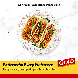 Glad Disposable Paper Plates for All Occasions | Round Soak Proof, Cut Proof, Microwaveable Heavy Duty Disposable Plates | 8.5" Diameter, 50 Count Bulk Paper Plates, Pink Flower Print