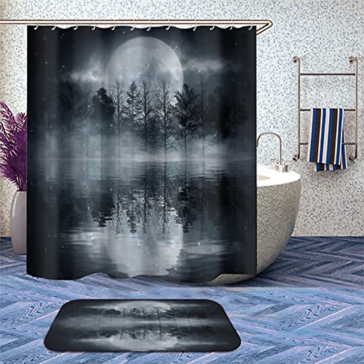 Zmcongz Night Forest 4 Piece Shower Curtain Sets Full Moon Tree Reflected in The Lake with 12 Hooks, Bath Mat Set Bathroom Decor by Durable Waterproof Fabric, 72x72 Inch