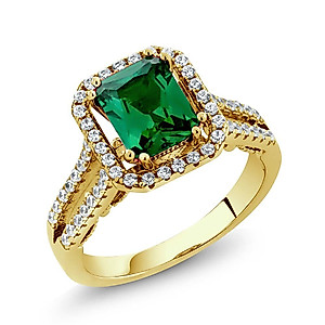 Gem Stone King 18K Yellow Gold Plated Silver Green Simulated Emerald Ring For Women | 2.78 Cttw | Emerald Cut 9X7MM | Available in size 5, 6, 7, 8, 9