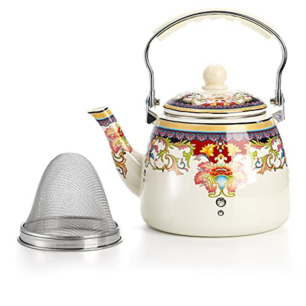 Yarlung 3.3L Enamel Tea Kettle with Tea Infuser, Vintage Floral Teakettle for Stovetop, Colorful Enamel on Steel Teapot with Handle for Hot Water, No Whistling