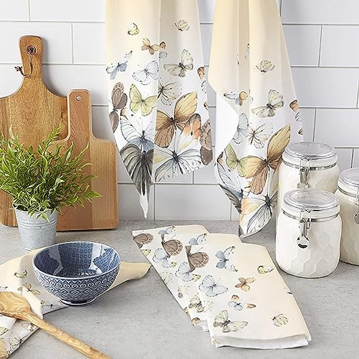 Big buy store Grey Green Brown Butterfly Tea Kitchen Dish Towels Set of 4, Soft Lightweight Microfiber Absorbent Hand Towel Yellow Gradient Towel for Kitchen Bathroom Cleaning Decor Gift 18x48 Inch