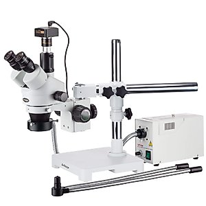 AmScope SM-3TZ-FODR-10M Digital Professional Trinocular Stereo Zoom Microscope, WH10x Eyepieces, 3.5X-90X Magnification, 0.7X-4.5X Zoom Objective, Fiber Optic Dual-Gooseneck and Ring Light, Single-Arm Boom Stand, 110V-120V, Includes 0.5X and 2.0X Barlow L