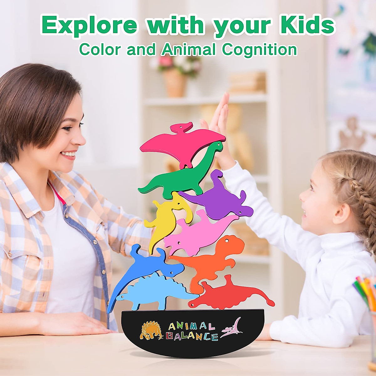 FFTROC Montessori Dinosaur Toys for 2 3 4 Year Old Boys - Wooden Stacking Dinosaur Toys for Kids 2-4 3-5, Toddler Balancing Block Sets