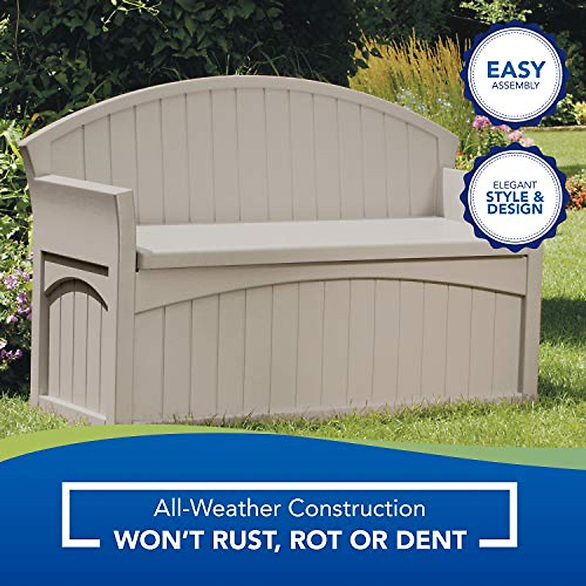 Suncast 50 Gallon Patio Bench with Storage - Decorative Resin Outdoor Patio Bench for Deck, Patio, Garden, Backyard - Ideal for Storing Toys, Cushions, Tools - Taupe ()