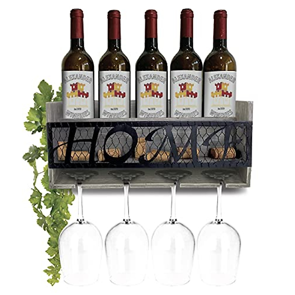 CoTa Global Modern Grey Wall Mounted Wine Rack - Wooden Wine Bottle Holder for 5 Bottles & 4 Wine Glasses with Cork Storage, Hanging Metal Home Sign & Organizer Wood Shelf for Wine Bar & Home Décor