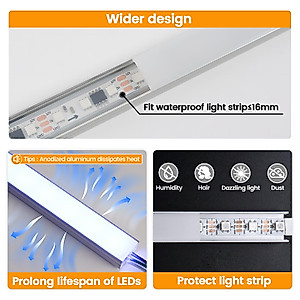 Muzata 6Pack 3.3FT/1M Wider LED Channel System with Milky White Cover Silver Aluminum LED Strip Channel for Waterproof LED Strips up to 16mm U102 WW