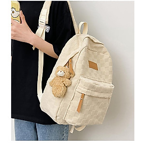 MININAI Aesthetic Checkered Backpack Light Academia Plaid Backpack Cute Preppy Backpack Fit 15.6 Inch Laptop Light Rucksack (Beige,One Size)