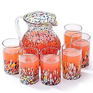 Hand Blown Mexican Drinking Glasses and Pitcher – Set of 6 with Mexican Confetti Design (14 oz each) and Pitcher (84 Ounces) by The Wine Savant (Confetti)