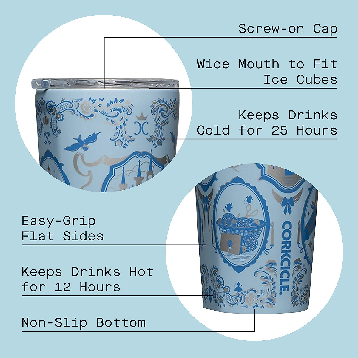 Corkcicle Disney Princess Cinderella Stainless Steel Travel Tumbler, Insulated Water Bottle with Lid, Spill Proof for Wine, Coffee, Tea, and Hot Cocoa,16 oz