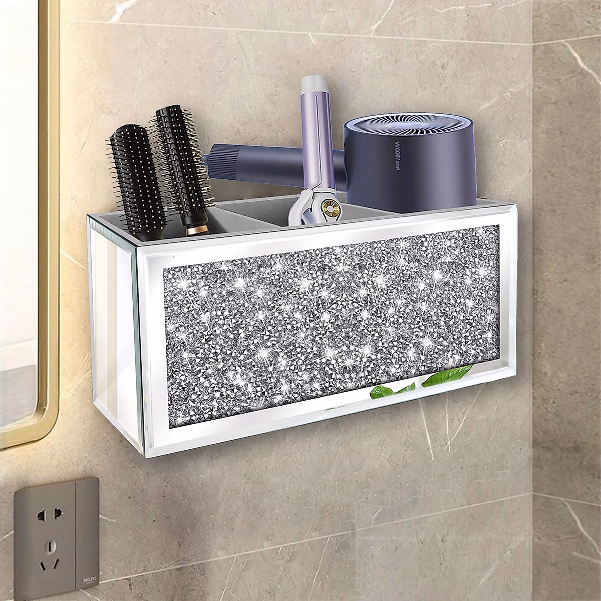 XIHACTY Mirror Hair Dryer Holder. Crystal Crush Diamond Hair Tool Organizer Wall Mount. Silver Bathroom Cabinet Tray for Blow Dryers, Hairdryer Straightener, Brushes and Combs.(10.5”x4”x5”)