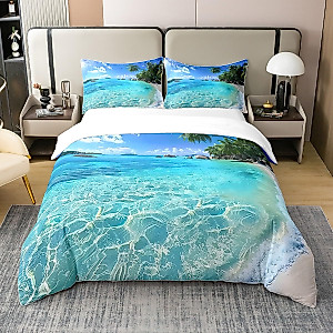 Ocean 100% Cotton Duvet Cover Queen, Palm Leaves Printd Comforter Cover, Summer Beach Decor Hawaiian Vacation Style Bedding Set, Green Palm Trees Tropical Nature Sea Theme Quilt Cover 3Pcs