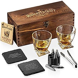 Mixology Whiskey Stones Gift Set for Men - Pack of 2, 10 oz Glasses w/ 6 Stainless Steel Chilling Bullets, 2 Coasters, Tongs, Cocktail Cards & Box - Bourbon Gifts for Birthday, Wedding, or Anniversary