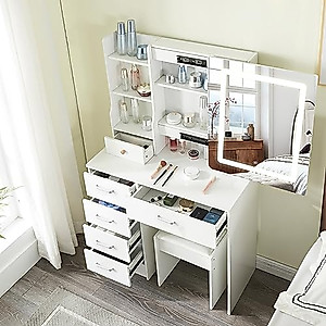 JBLCC Large Vanity Desk with Mirror and Lights,Makeup Vanity with Sliding Mirror, Large Vanity Set with Storage Shelves, Drawers, Modern Vanity Table for Bedroom (62707led)