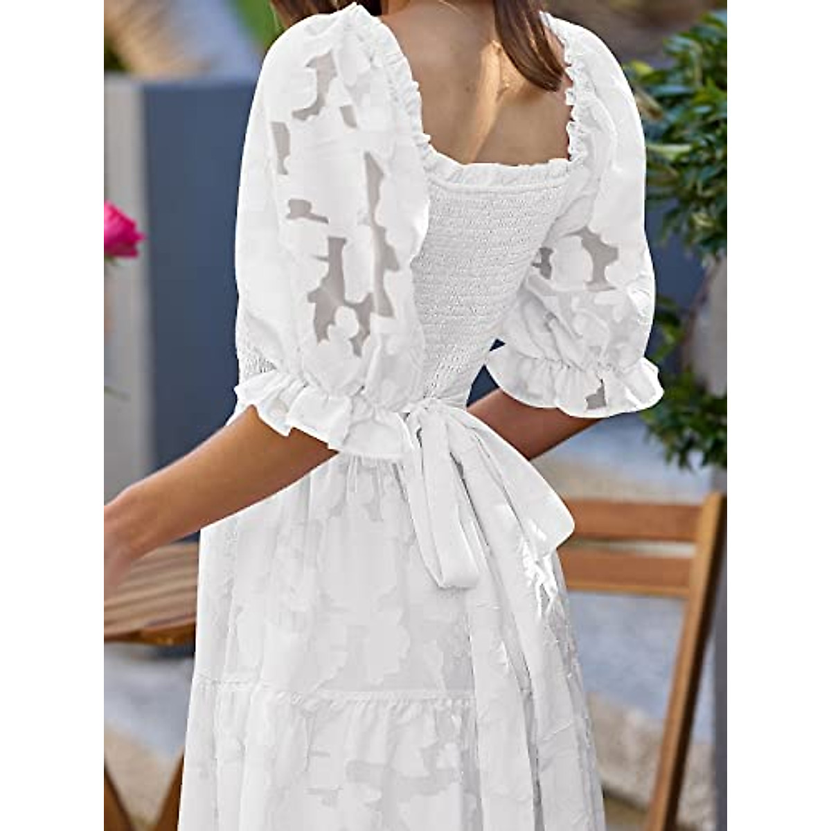 LILLUSORY Women's Flowy Puffy Spring Short Sleeve Dress 2023 Floral White Maxi Dress with Sleeves M