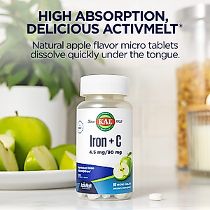 KAL Iron C, 90 Tablets, 4.5 mg/90 mg, Natural Apple Flavor, Increased Absorption Iron Pills, Immune Support