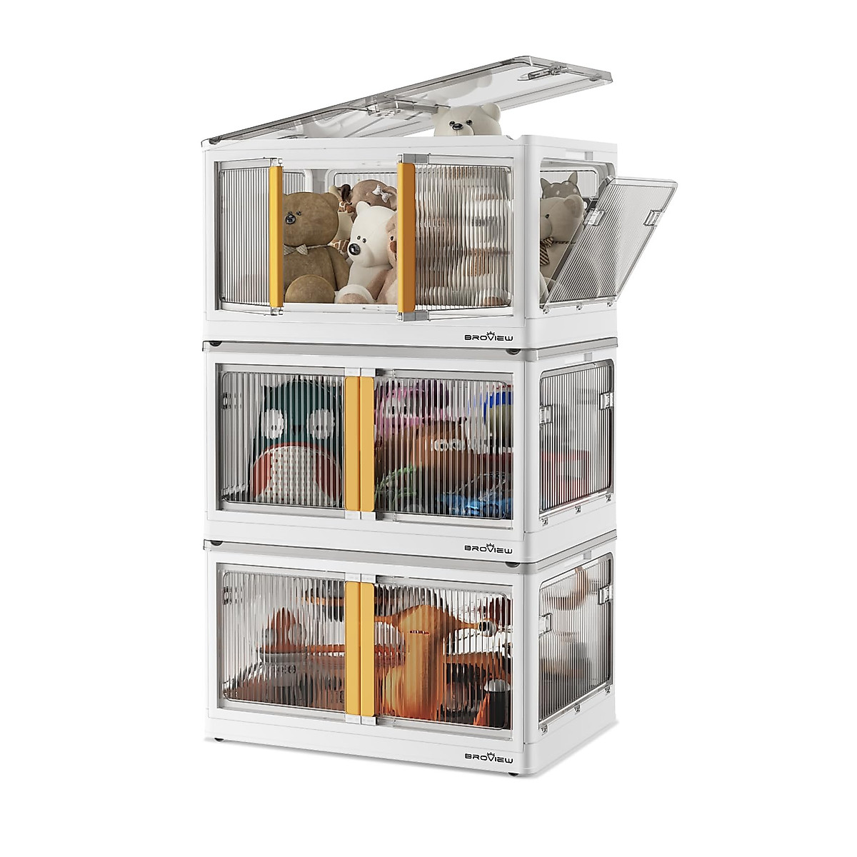 BROVIEW V5 75Gal Plastic Storage Bins with Lids, 3Pack Stackable Collapsible Storage Bins for Closet Organizers and Storage, Folding Storage Container Open Front Cabinets with Doors and Wheels, White