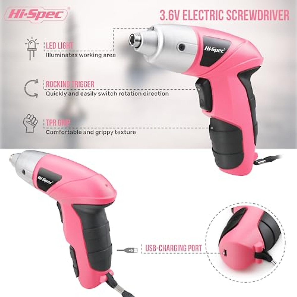 Hi-Spec 27pc 3.6V Pink USB Small Power Electric Screwdriver Set for Women. Cordless & Rechargeable with Driver Bit Set