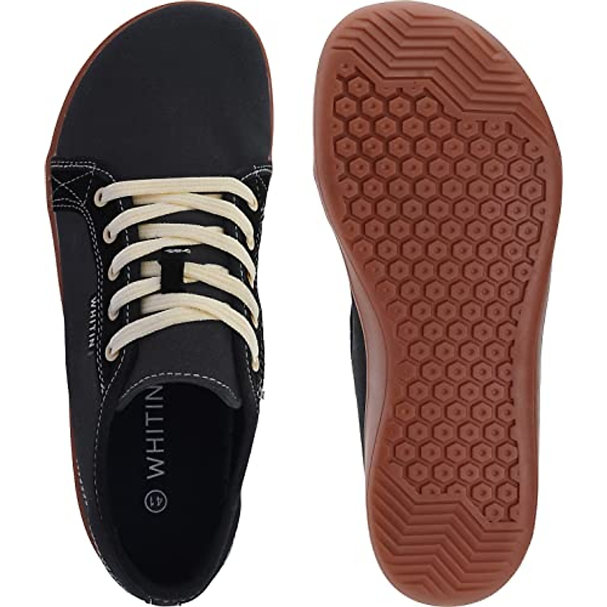 WHITIN Men's Extra Wide fit Casual Barefoot Sneakers Canvas Zero Drop Sole Size 12W Minimus Minimalist Laces Up Tennis Shoes Fashion Walking Lightweight Comfortable Black Gum 45