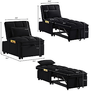 Sofa Bed Chair 4-In-1 Convertible Pull Out Couch for Living Room, Linen Sleeper Sofa Lounge Sofa with Storage Pocket, Single Recliner for Small Space with Adjustable Backrest & Pillow, Black