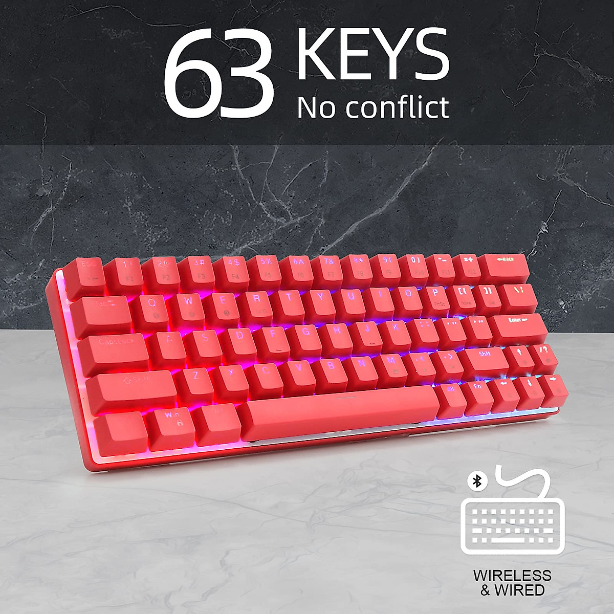 IEMUDJ CQ63 Mechanical Keyboard, Wired Bluetooth Gaming Keyboard, Outem Blue Switch, RGB Backlit, Bluetooth 5.0, Compact 63 Keys, for Desktop, Laptop, Mac, Tablet, Smartphone, Gaming and Office