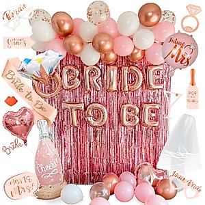 VIDAL CRAFTS Rose Gold Bridal Shower Decorations - Ideal for Bridal Shower & Bachelorette Party Decor with Latex & Confetti Balloons, Bride Banner, Bridal Veil, Fringe Curtains, Bride Sash, and Props