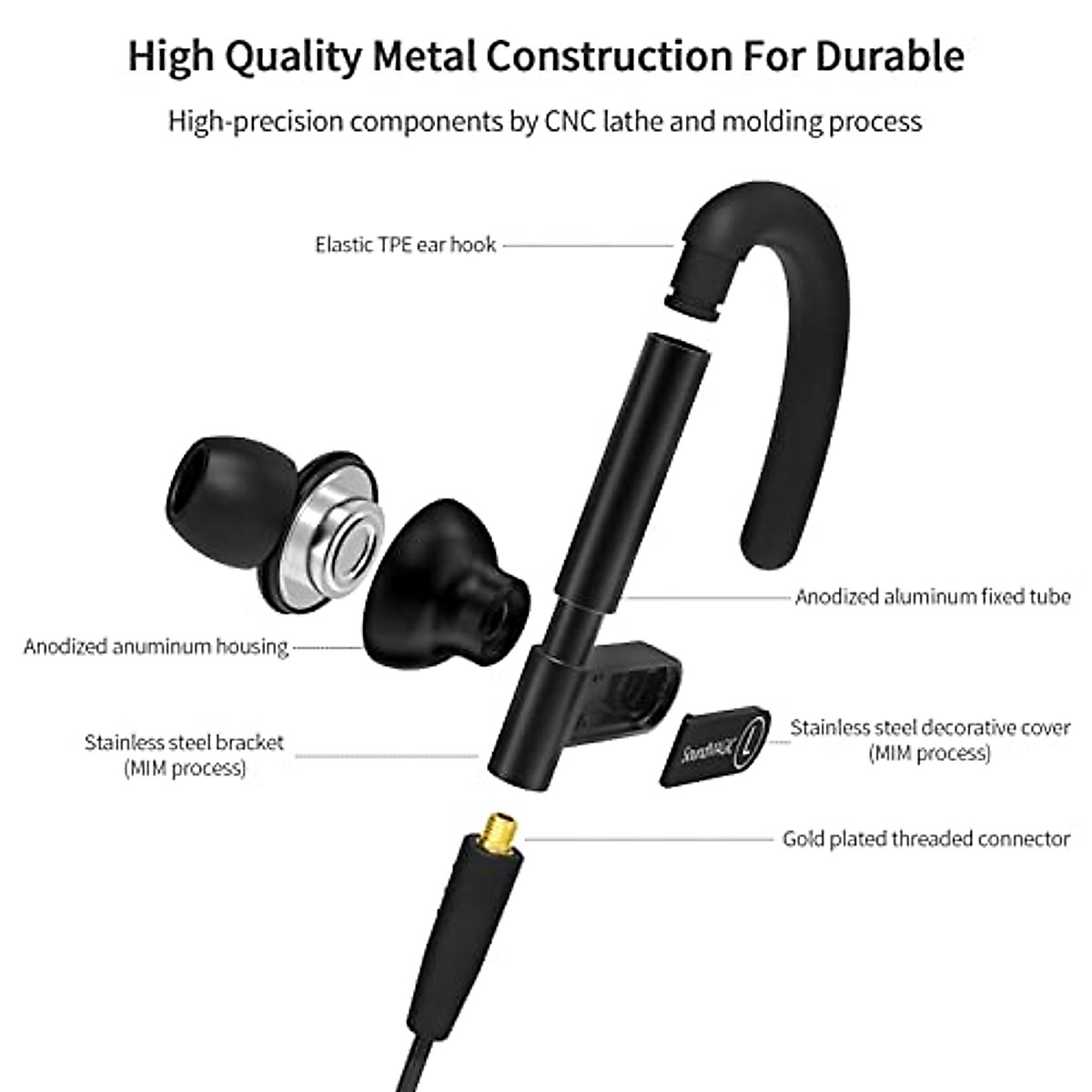 SoundMAGIC ST80 Bluetooth Sports Earbuds with Ear Hooks Wireless Earphones Long Playtime Waterproof Wired in Ear Headphones HiFi Sound Adjustable Metal Mechanism Comfortable Fit Black