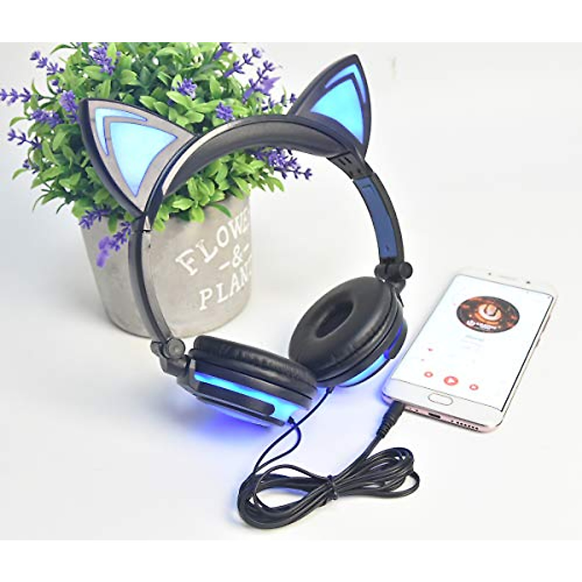 LIMSON Cat Ear Headphones for Kids, LED Light with USB Chargeable Foldable Earphones for ChildrenTeens Adults, Compatible for iPad, Tablet, Computer, Mobile Phone (Black&Blue)