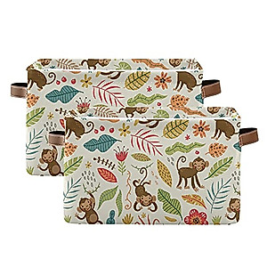 xigua Cute Monkeys In The Jungle Foldable Storage Bin, Collapsible Sturdy Fabric Storage Basket Cube W/Handles, Storage Box for Organizing Toys Nursery Shelf Closet Bedroom Office 2PCS